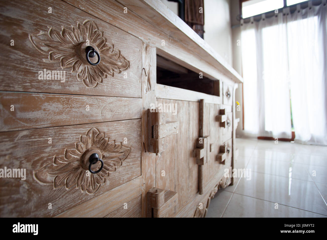 Furniture in classic Balinese style details light wood with carved ...