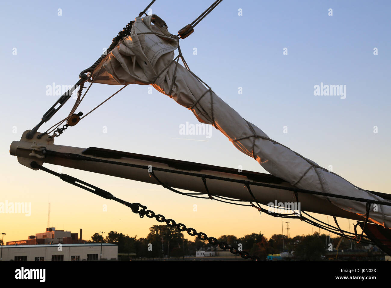Furled Jib on bowsprit of the Mystic Whaler of New London, CT Stock ...