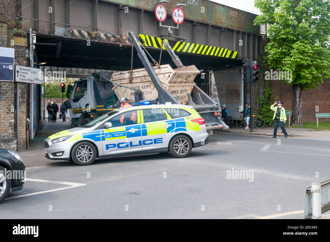 Shortlands, South London, UK. 14th Apr, 2017. A skip lorry hit the low ...