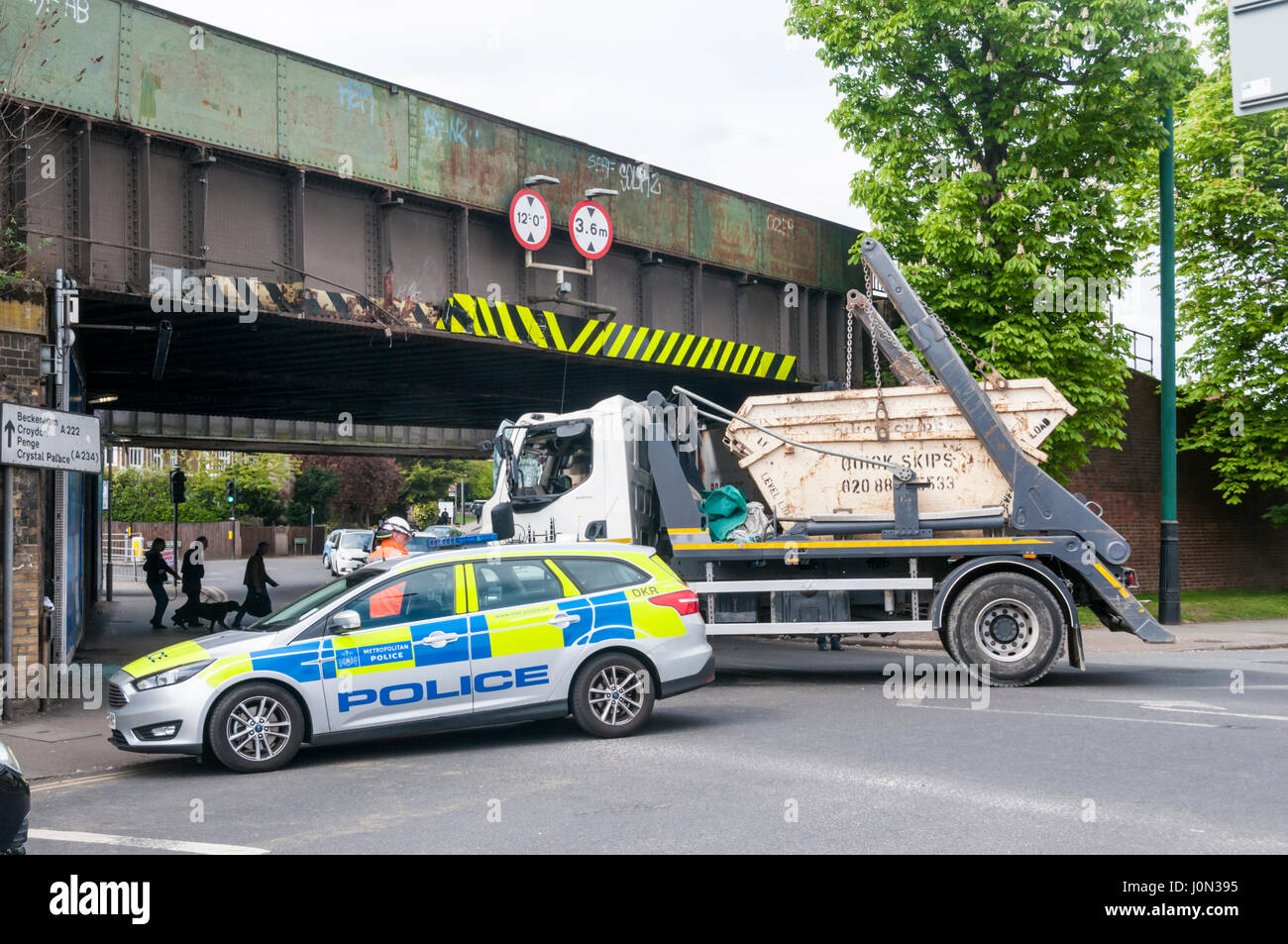 Shortlands, South London, UK. 14th Apr, 2017. A skip lorry hit the low ...