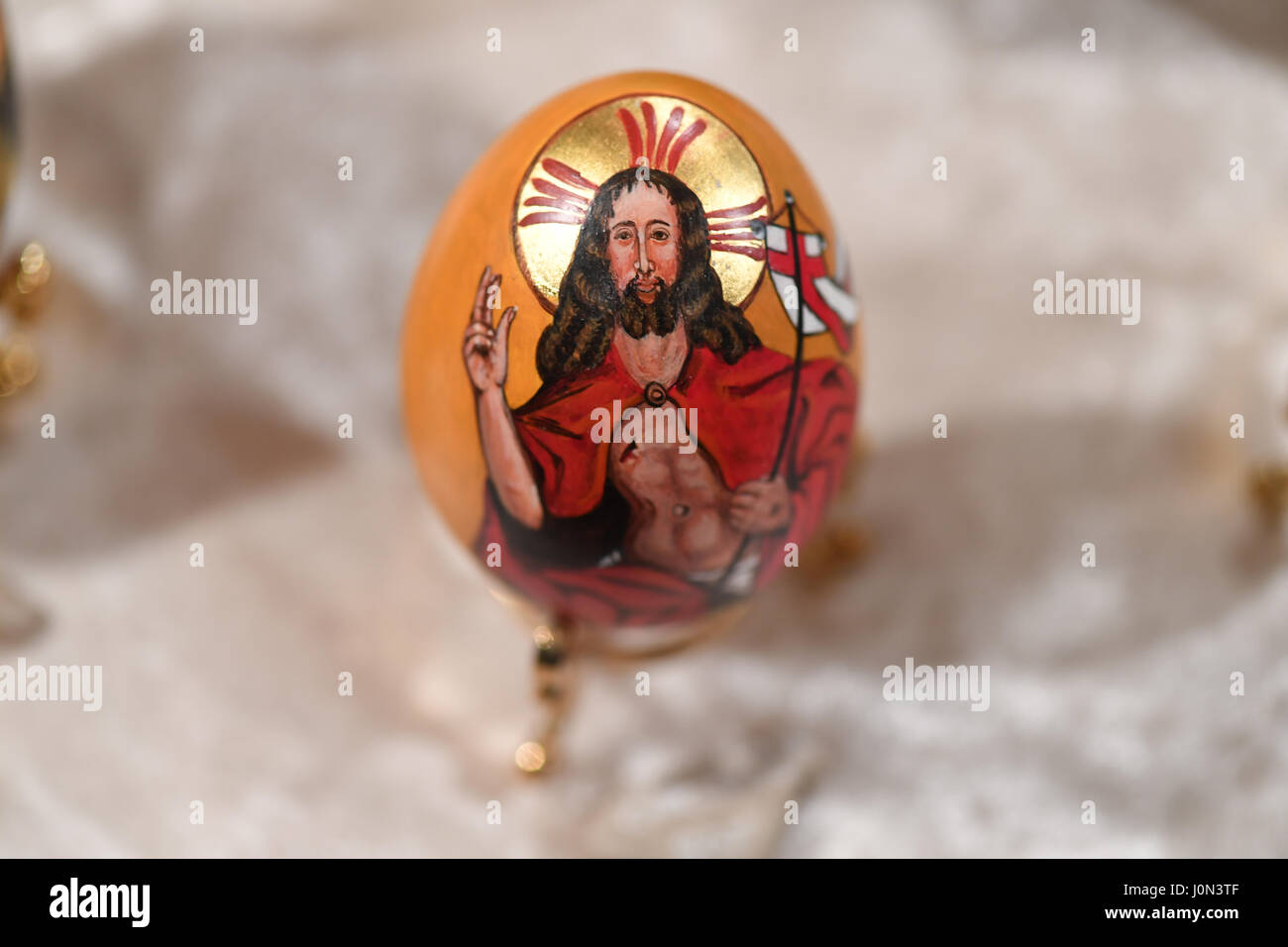 An artfully decorated Easter egg by artist Maria Hoffmueller depicting ...