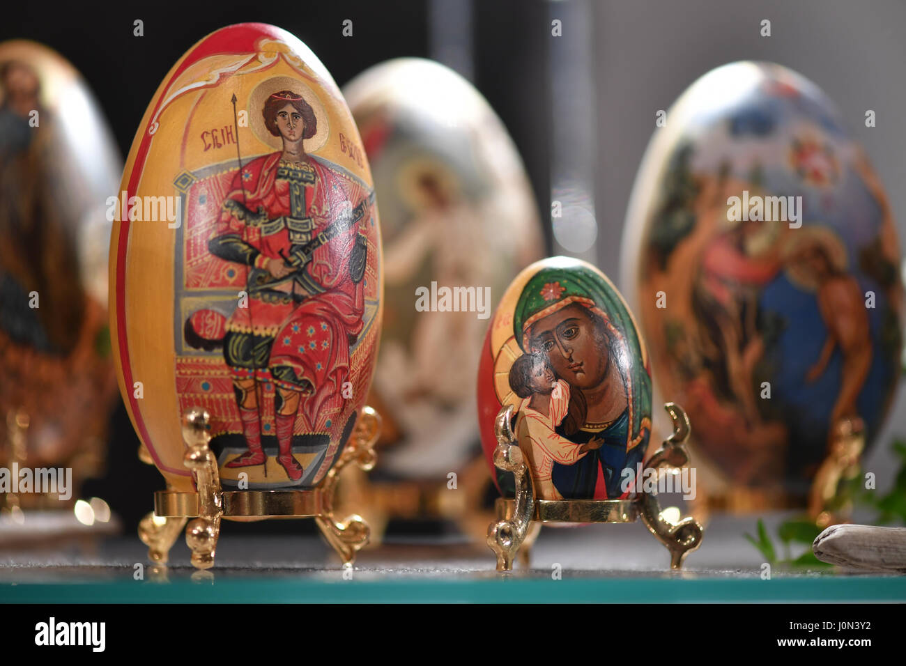 Artfully painted Easter eggs by artist Maria Hoffmueller are on display ...
