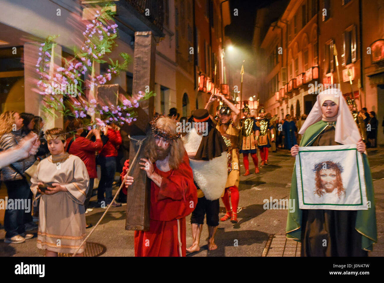 Mendrisio, Switzerland. 13th Apr, 2017. Annual procession of the crucifixion of Jesus Christ at ...