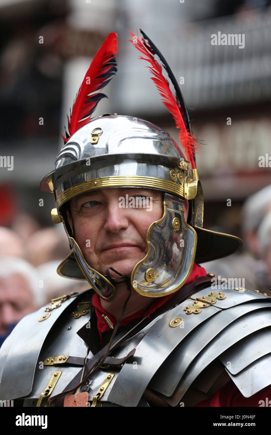 Chester, UK. 14th Apr, 2017. Headshot of a Roman soldier, Chester, 14th ...
