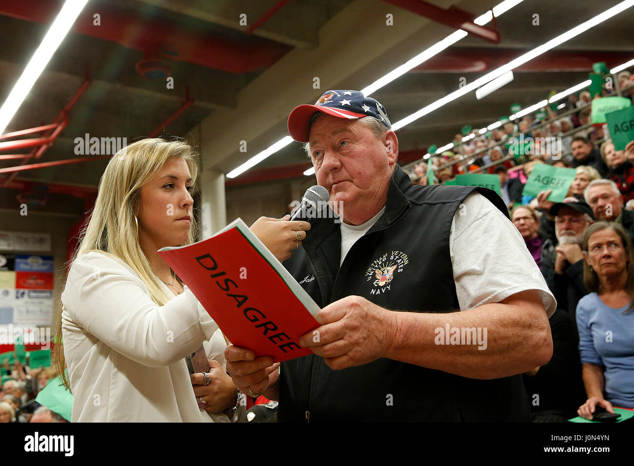 Navy veteran John Meredith, 73, of Crooked River Ranch, Oregon, asks a ...