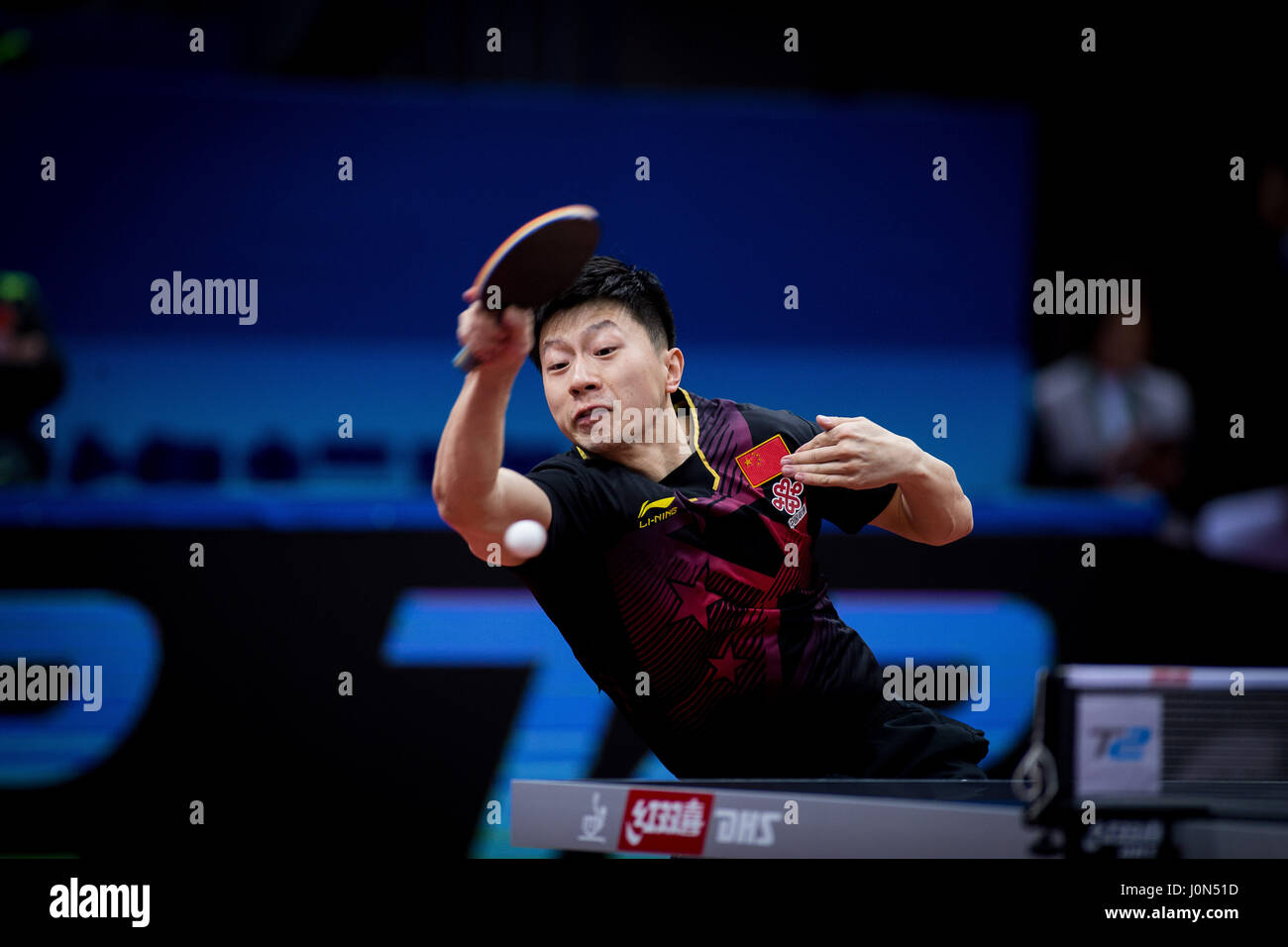 Wuxi, China. 13th Apr, 2017. Ma Long defeats his counterpart at the ...