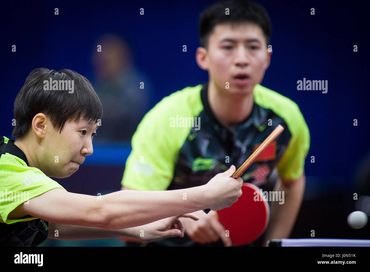 Wuxi, China. 13th Apr, 2017. Chinese table tennis player Fang Bo ...