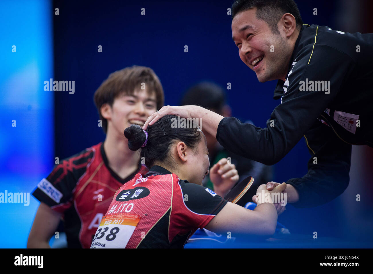 Wuxi, China. 13th Apr, 2017. Chinese table tennis player Fang Bo ...