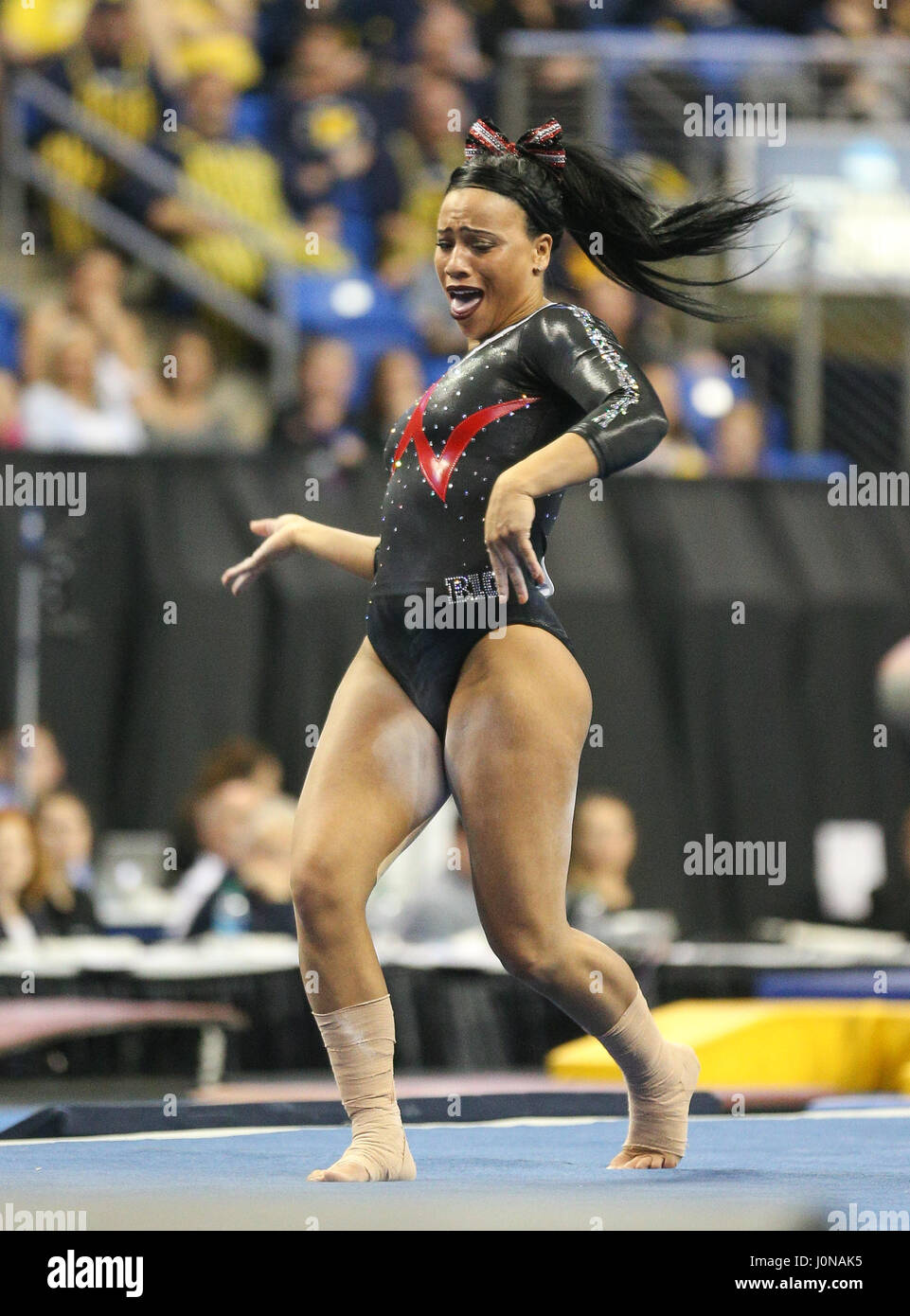 St. 14th Apr, 2017. Nebraska's Ashley Lambert dances during her floor routine at the Semifinals ...