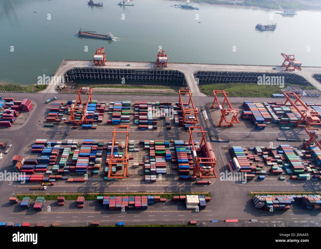 Chongqing, China. 7th Apr, 2017. Aerial photo shows a view of Guoyuan ...