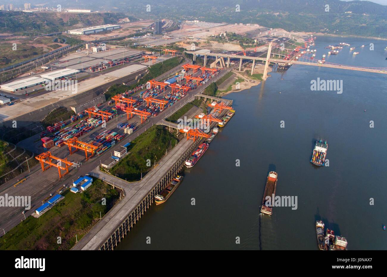 Chongqing, China. 14th Apr, 2017. Aerial photo shows a view of Guoyuan ...