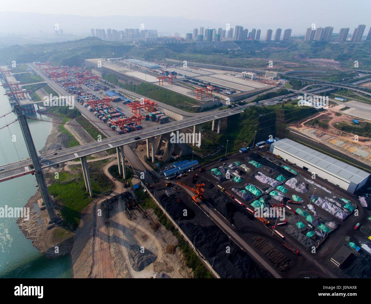 Chongqing, China. 7th Apr, 2017. Aerial photo shows a view of Guoyuan ...