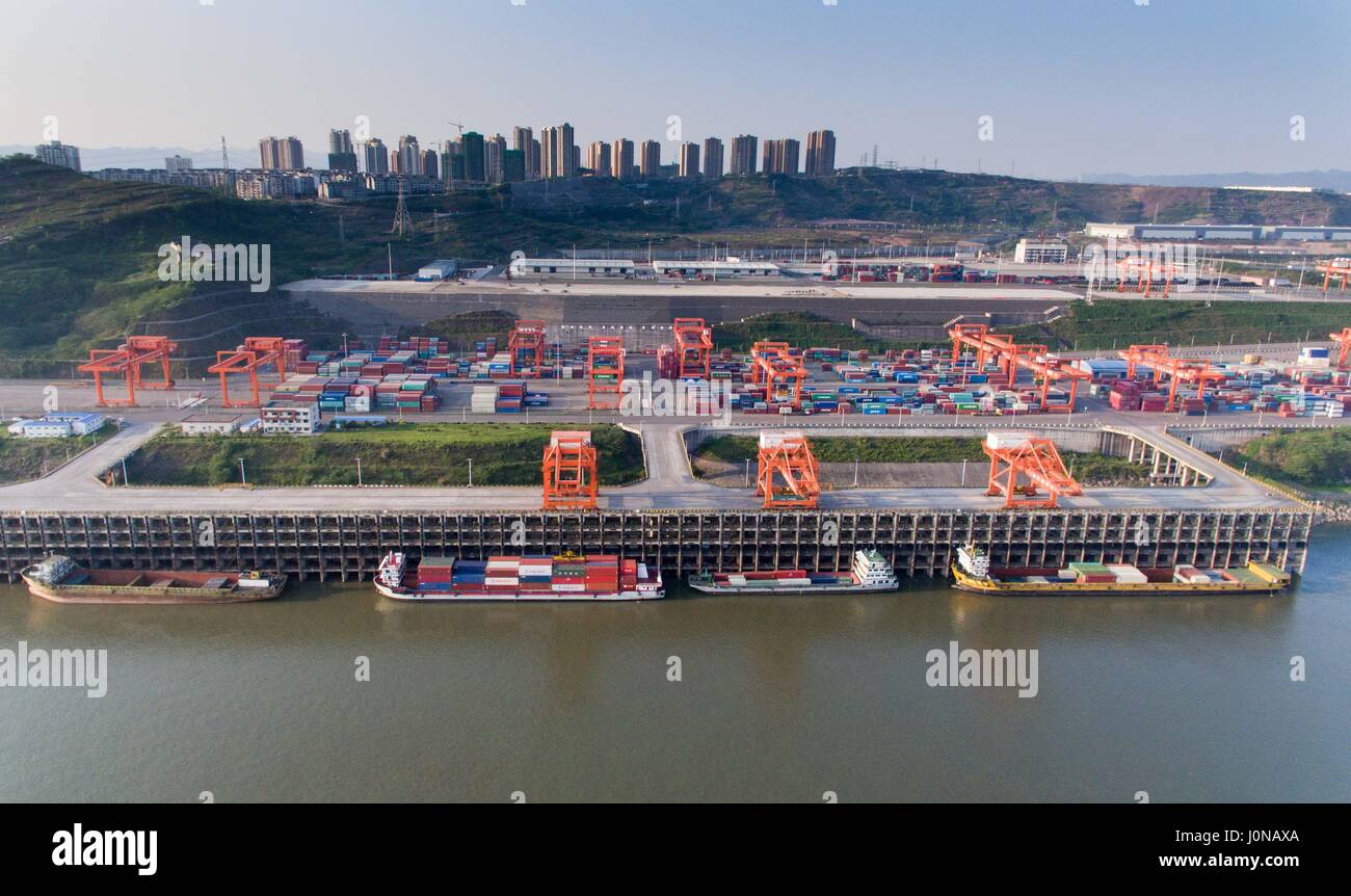 Chongqing, China. 14th Apr, 2017. Aerial photo shows a view of Guoyuan port on the Yangtze River ...