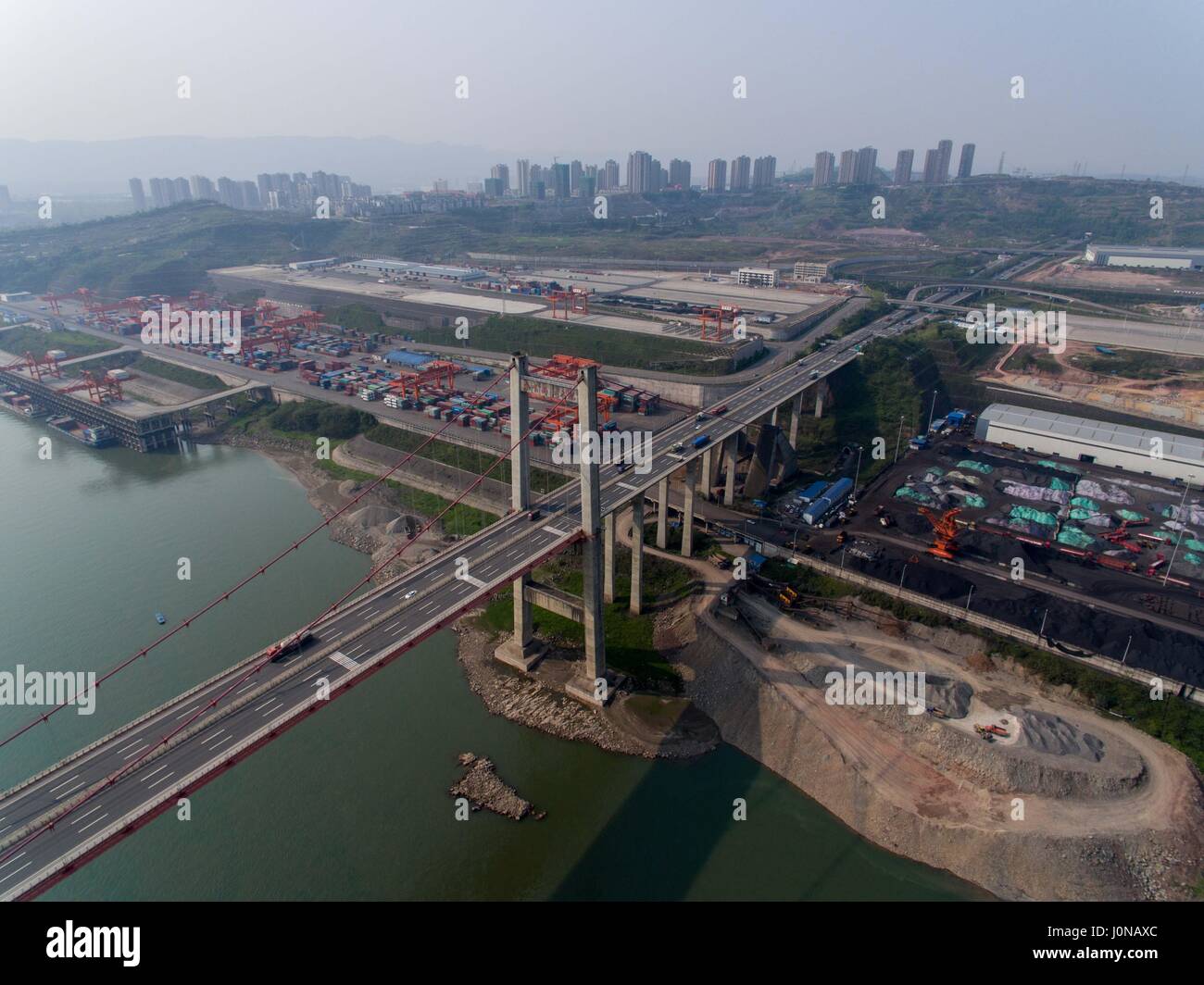 Chongqing, China. 7th Apr, 2017. Aerial photo shows a view of Guoyuan ...