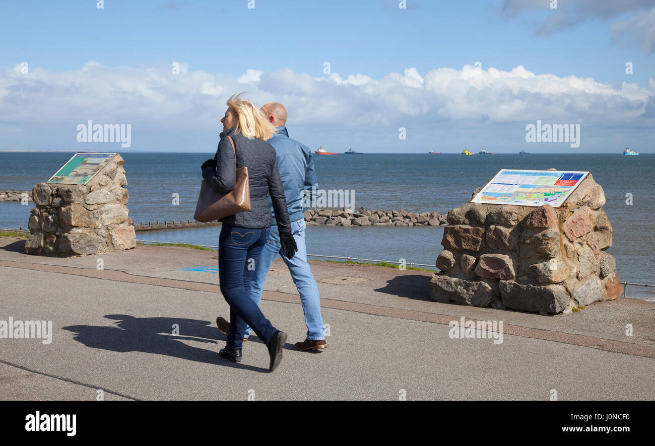 People on the Scottish Seafront promenade esplanade in Aberdeen ...