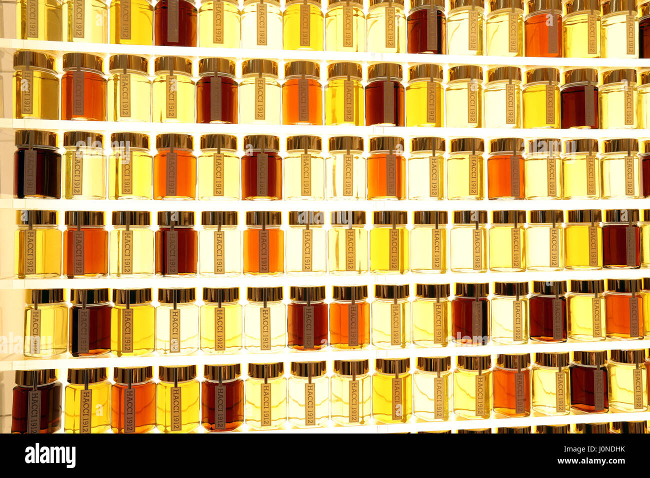 Tokyo, Japan. 14th Apr, 2017. Bottles of honey are displayed at a honey ...