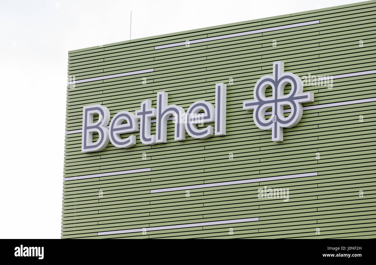 Bielefeld, Germany. 13th Apr, 2017. A view of the Bethel logo on a ...