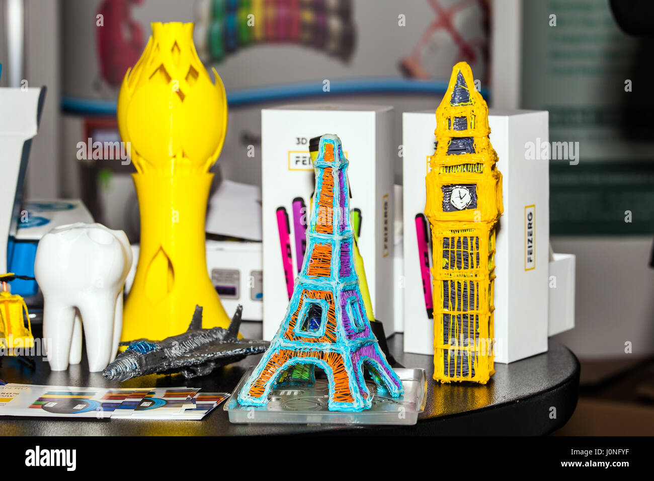 Moscow, Russia - November, 2016: Models made on 3d printer printing ...