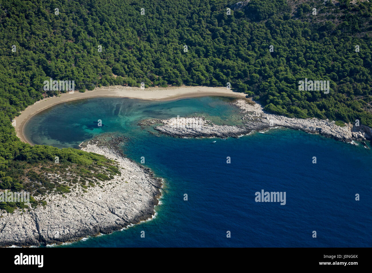 Aerial view of sandy beach Limuni on Blace Bay on Mljet Island, Croatia ...