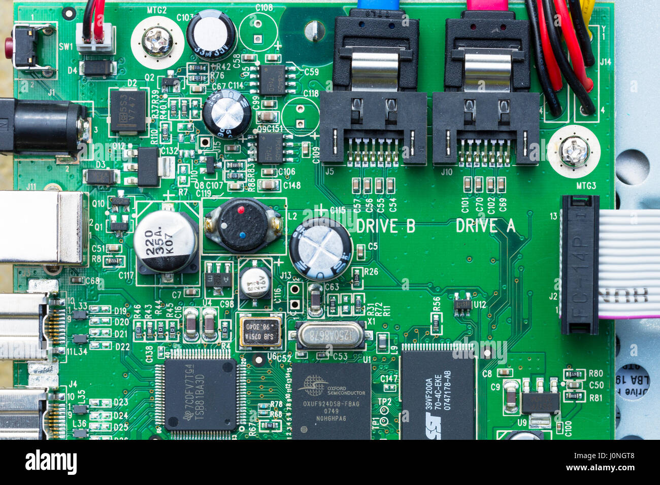 Circuit board of computer hard drive, cables, connections and terminals ...