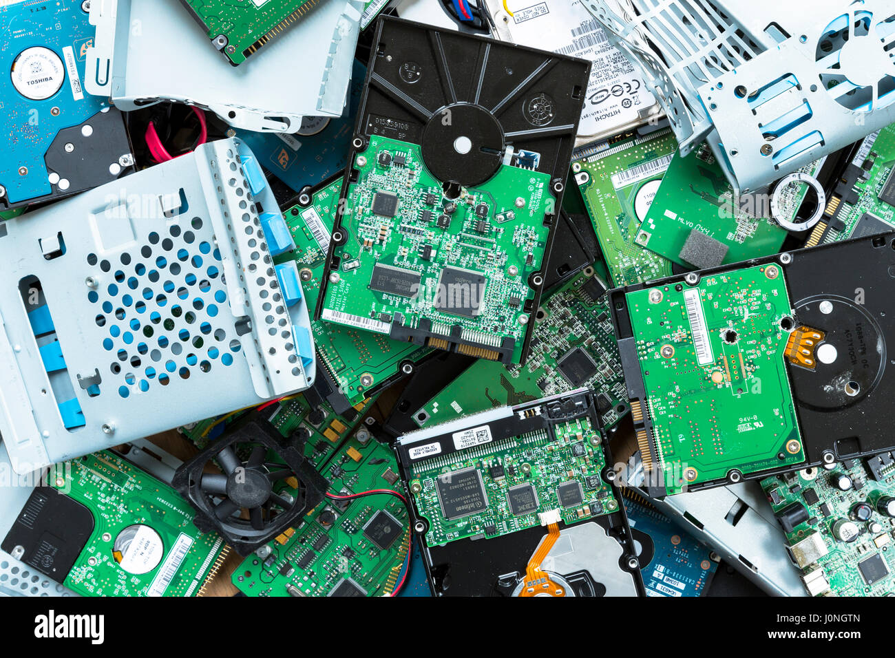 Circuit boards of computer hard drives, cables, connections and ...