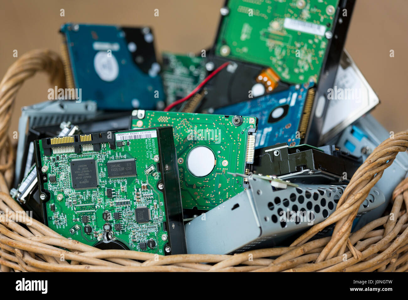 Circuit boards of computer hard drives, cables, connections and ...