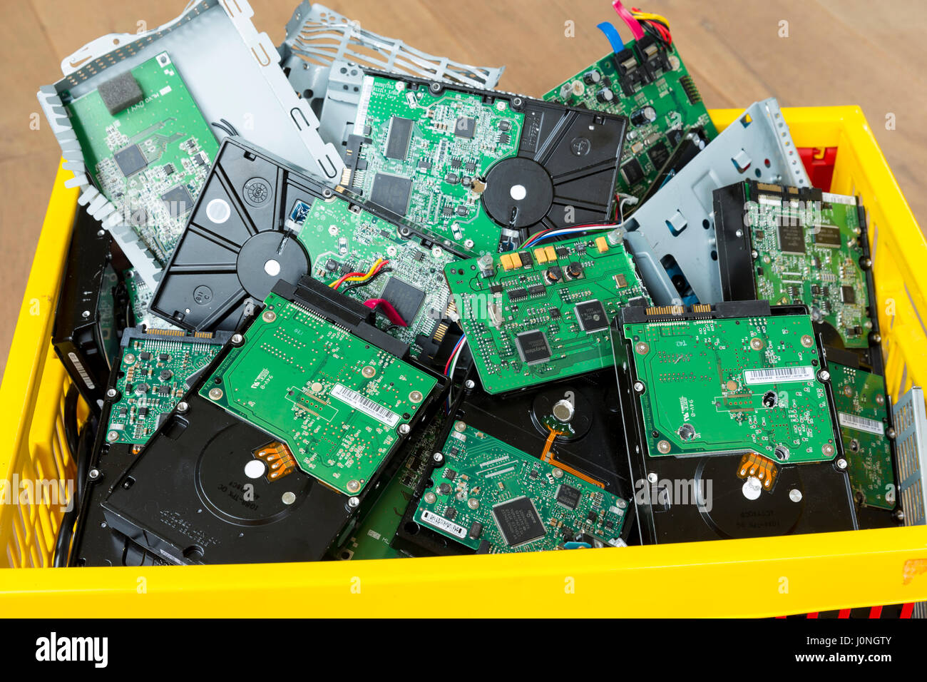 Circuit boards of computer hard drives, cables, connections and ...