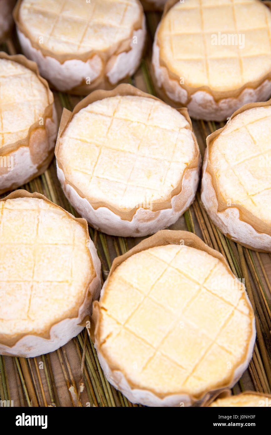 Artisan French soft cheese on sale at street market Bordeaux, France ...