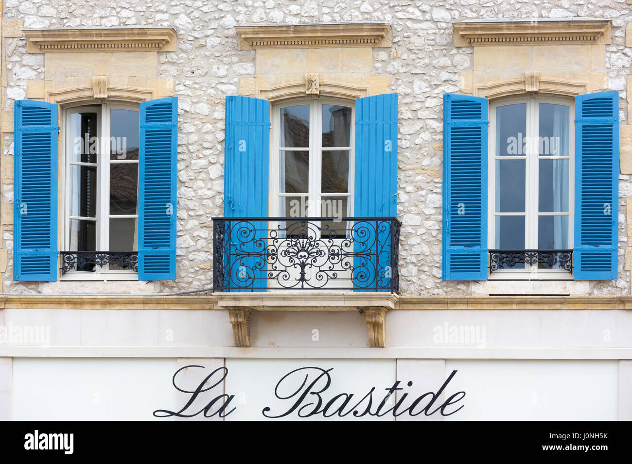 Medieval architecture, wrought iron balcony, shutters La Bastide ...