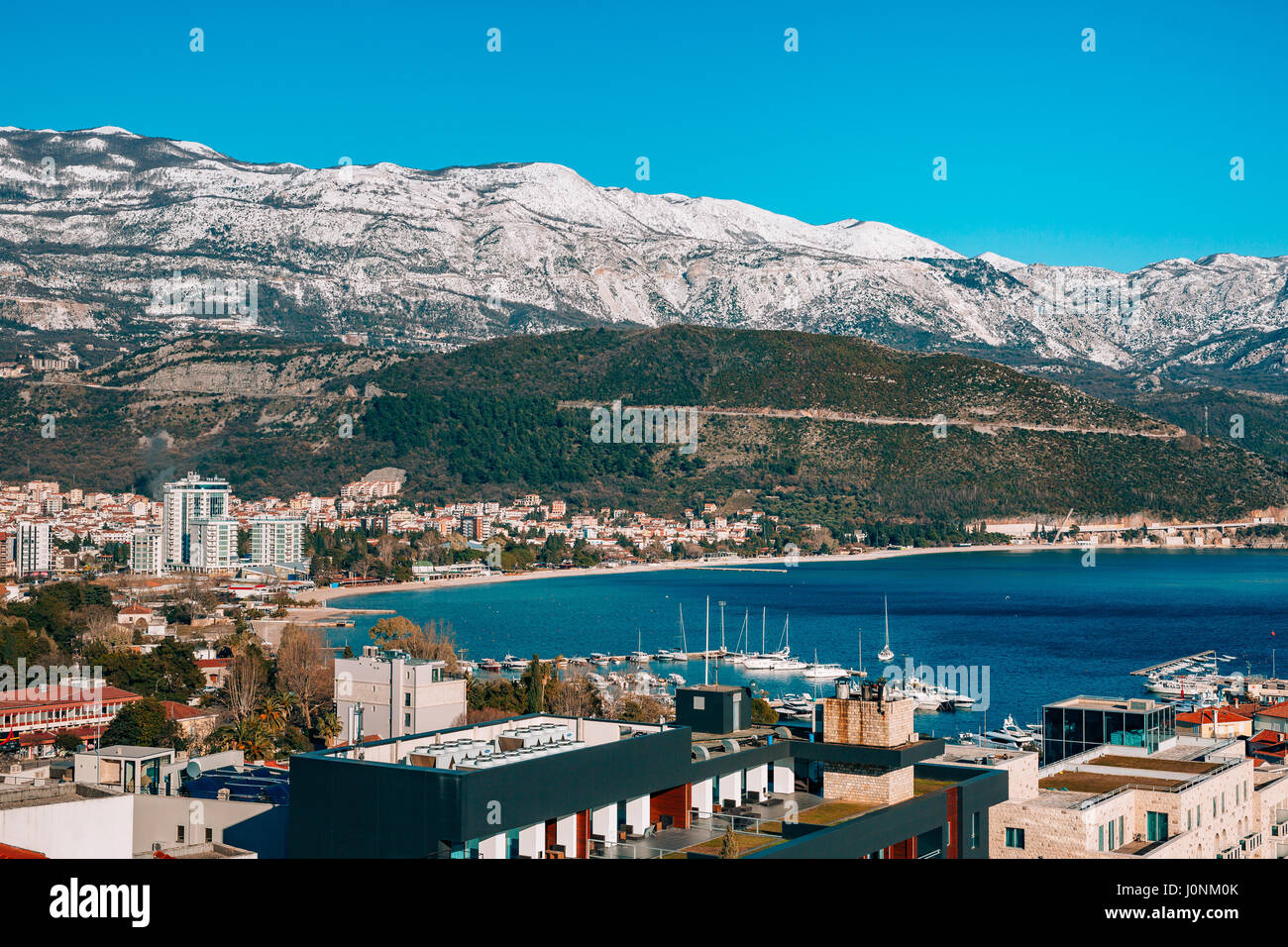Snow-covered mountains of Budva in Montenegro, Adriatic sea Stock Photo ...