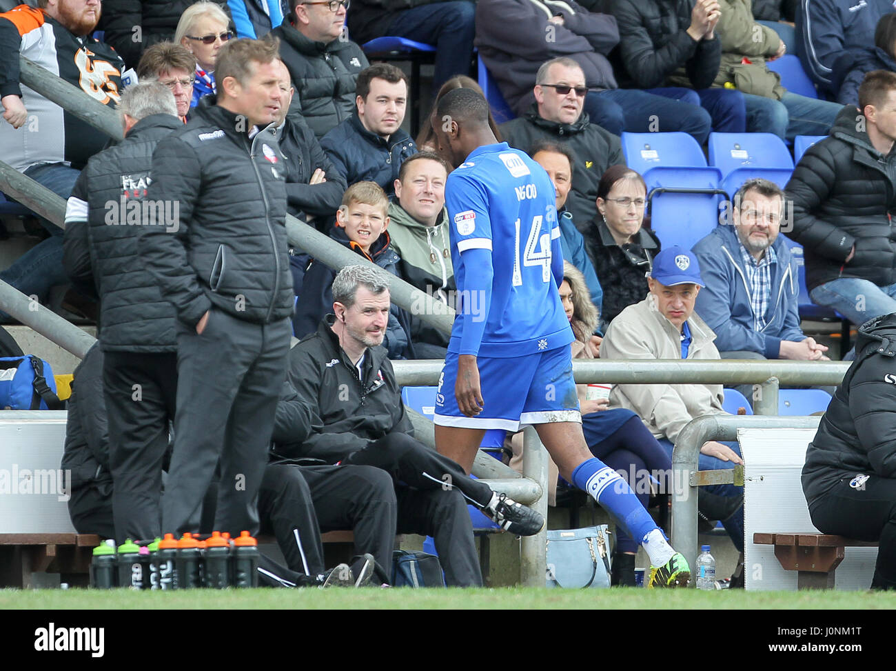 Oldham Athletic's Michael Ngoo leaves the field after being shown a red ...