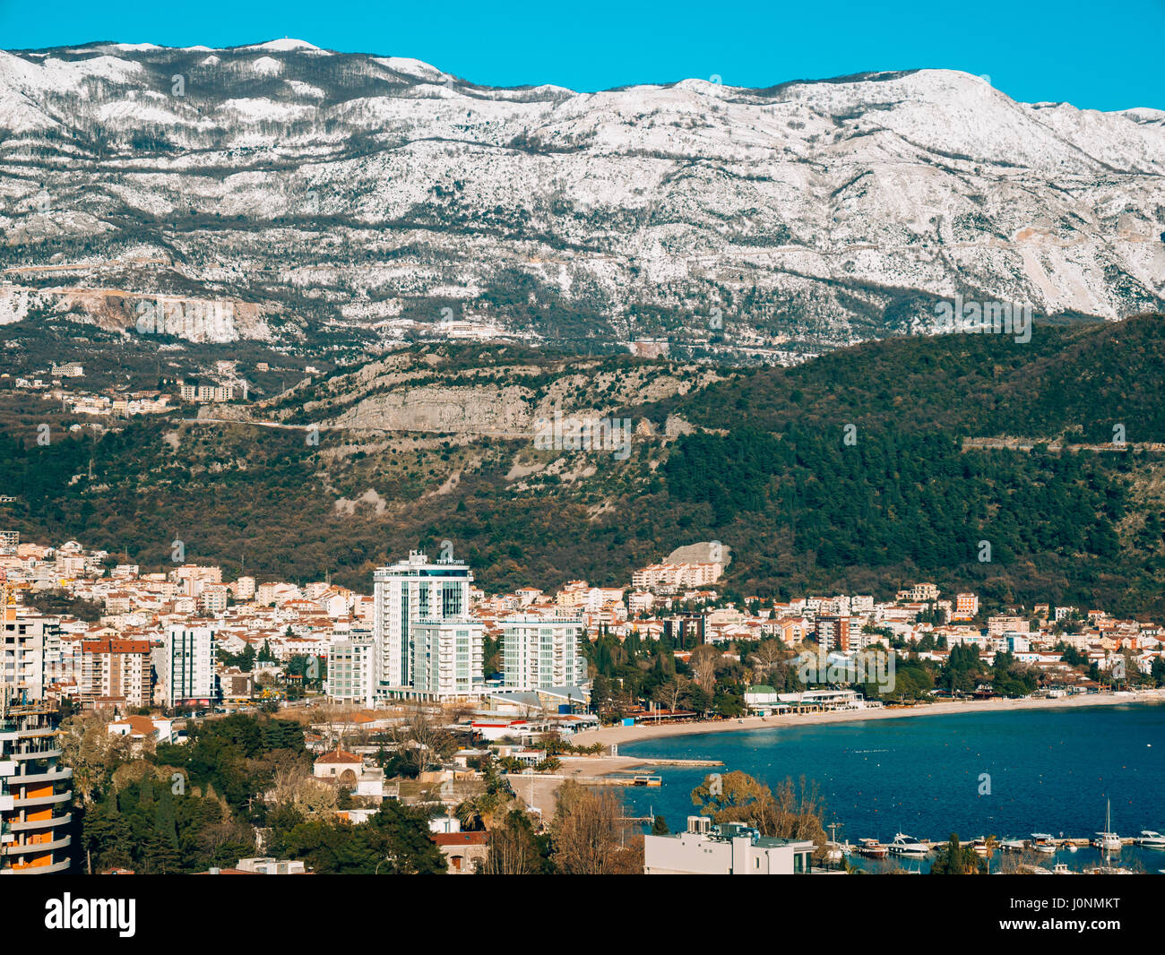 Snow-covered mountains of Budva in Montenegro, Adriatic sea Stock Photo ...