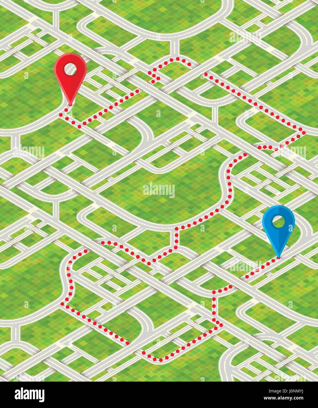 Detailed city map in isometric view with GPS pins and route Stock ...