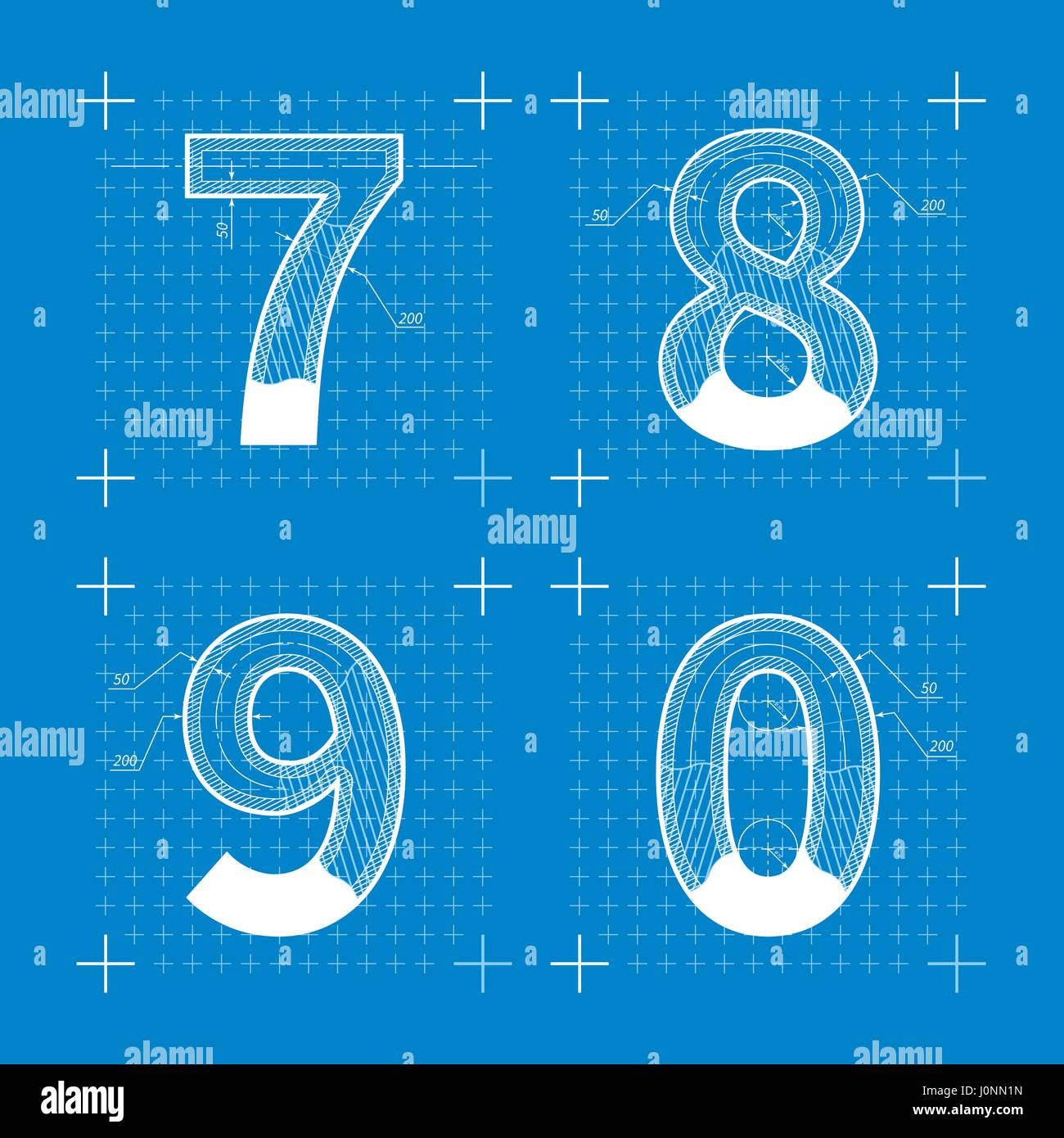 Construction sketches of 7 8 9 0 letters. Blueprint style font Stock ...