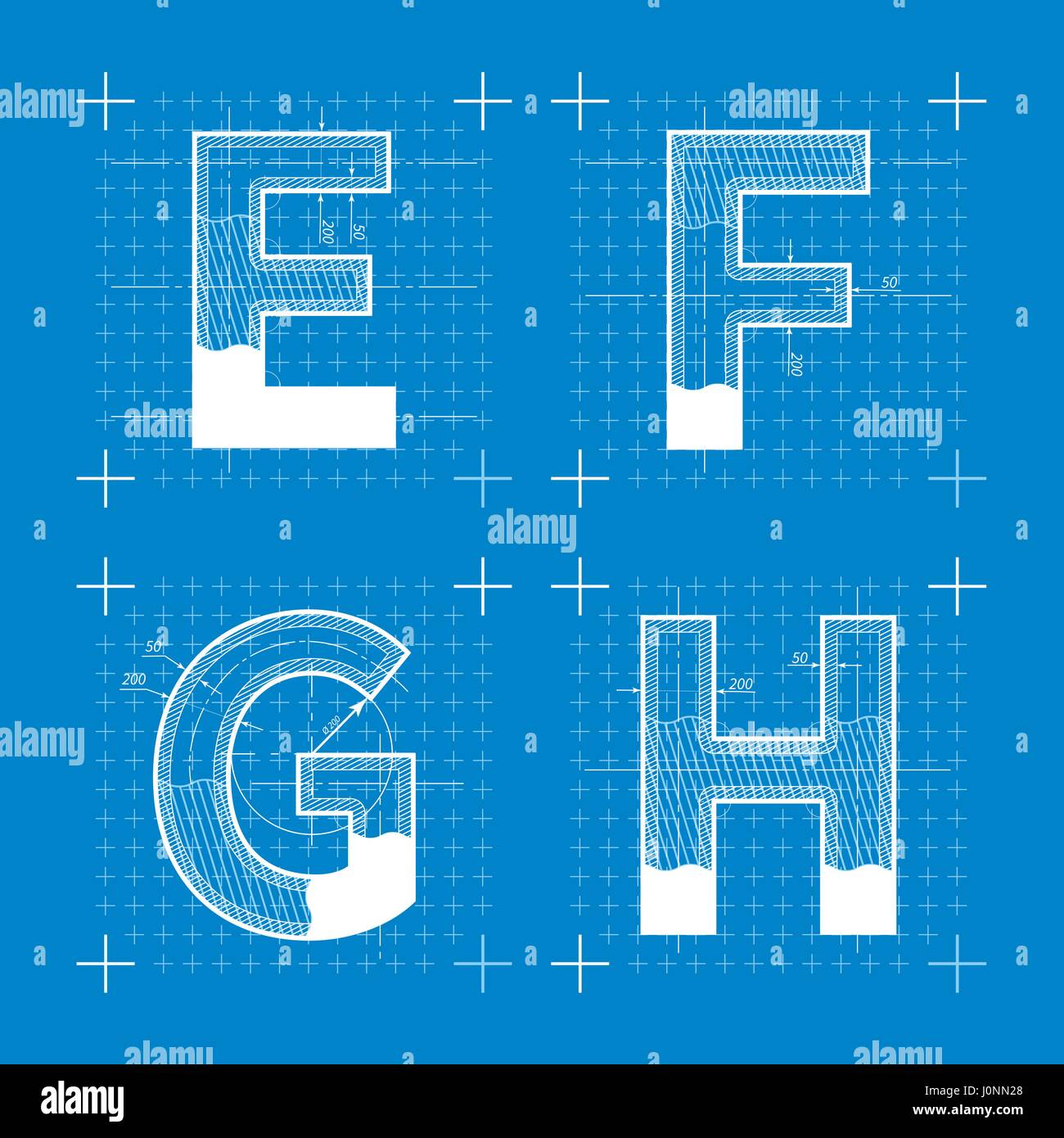 Construction sketches of E F G H letters. Blueprint style font Stock ...