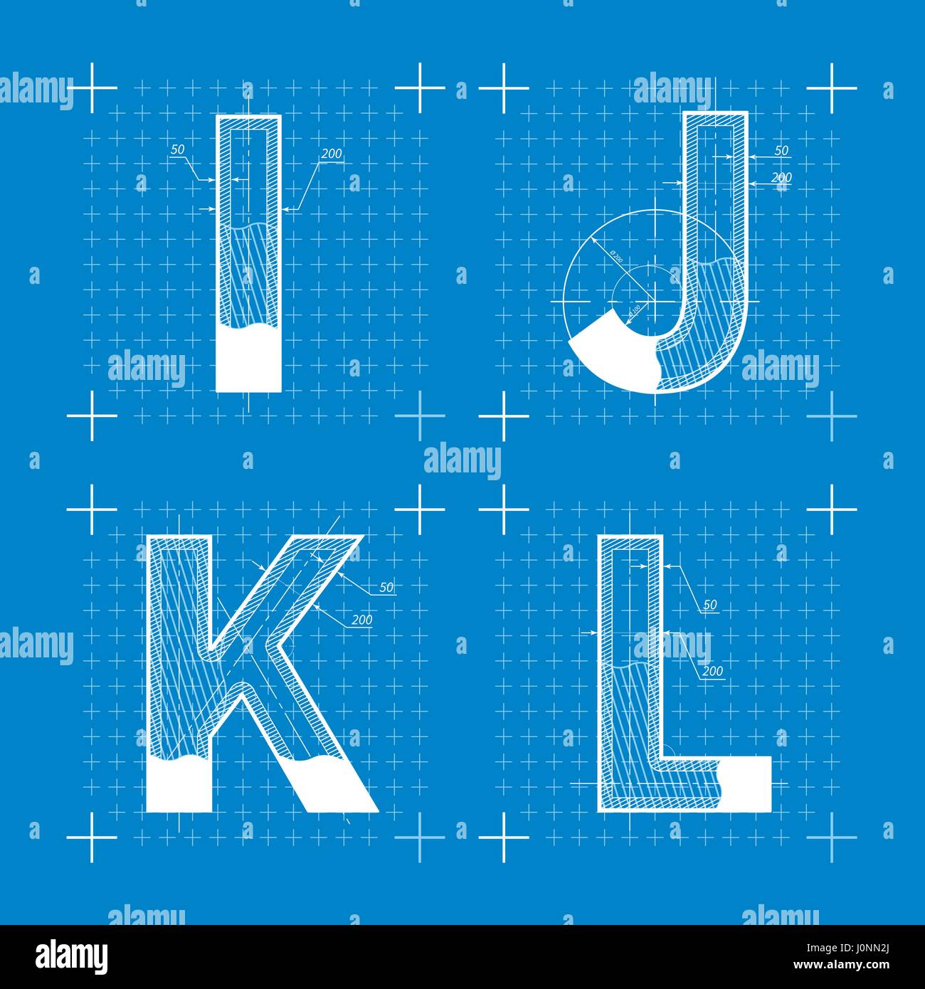 Construction sketches of I J K L letters. Blueprint style font Stock ...