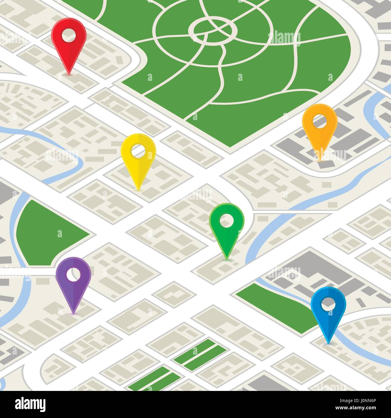 Detailed city map in isometric view with bright colourful GPS pins ...