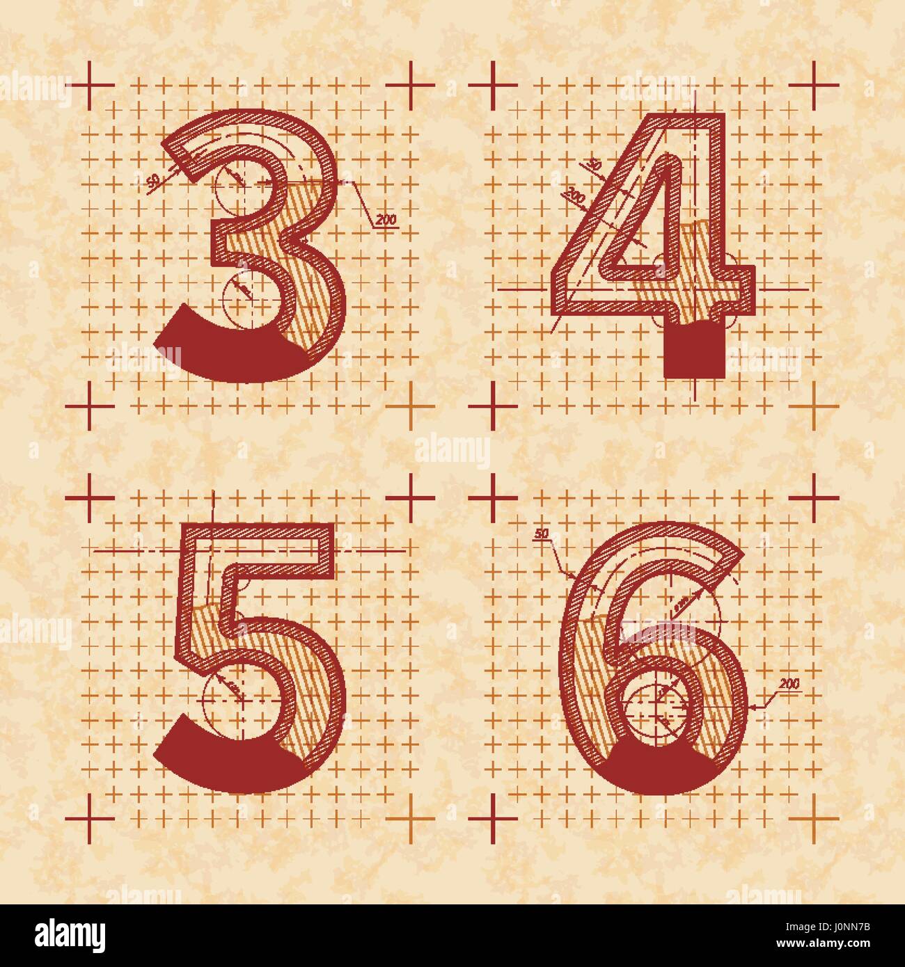 Medieval inventor sketches of 3 4 5 6 letters. Retro style font on old ...