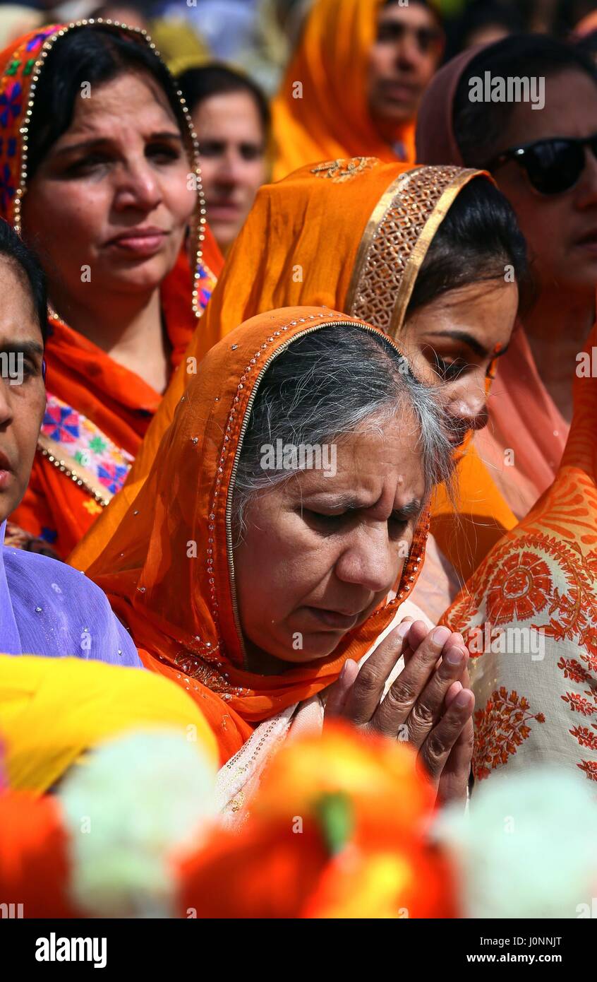 Members of the Sikh community take part in the Nagar Kirtan procession through Gravesend in Kent ...