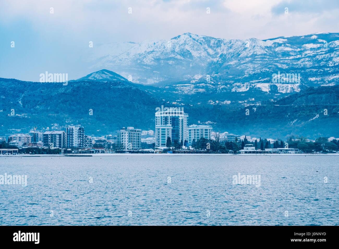 Snow-covered mountains of Budva in Montenegro, Adriatic sea Stock Photo ...