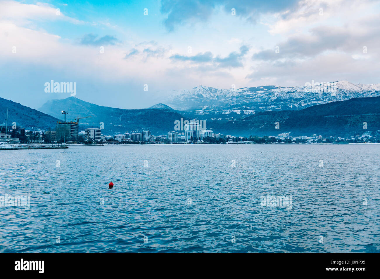 Snow-covered mountains of Budva in Montenegro, Adriatic sea Stock Photo ...