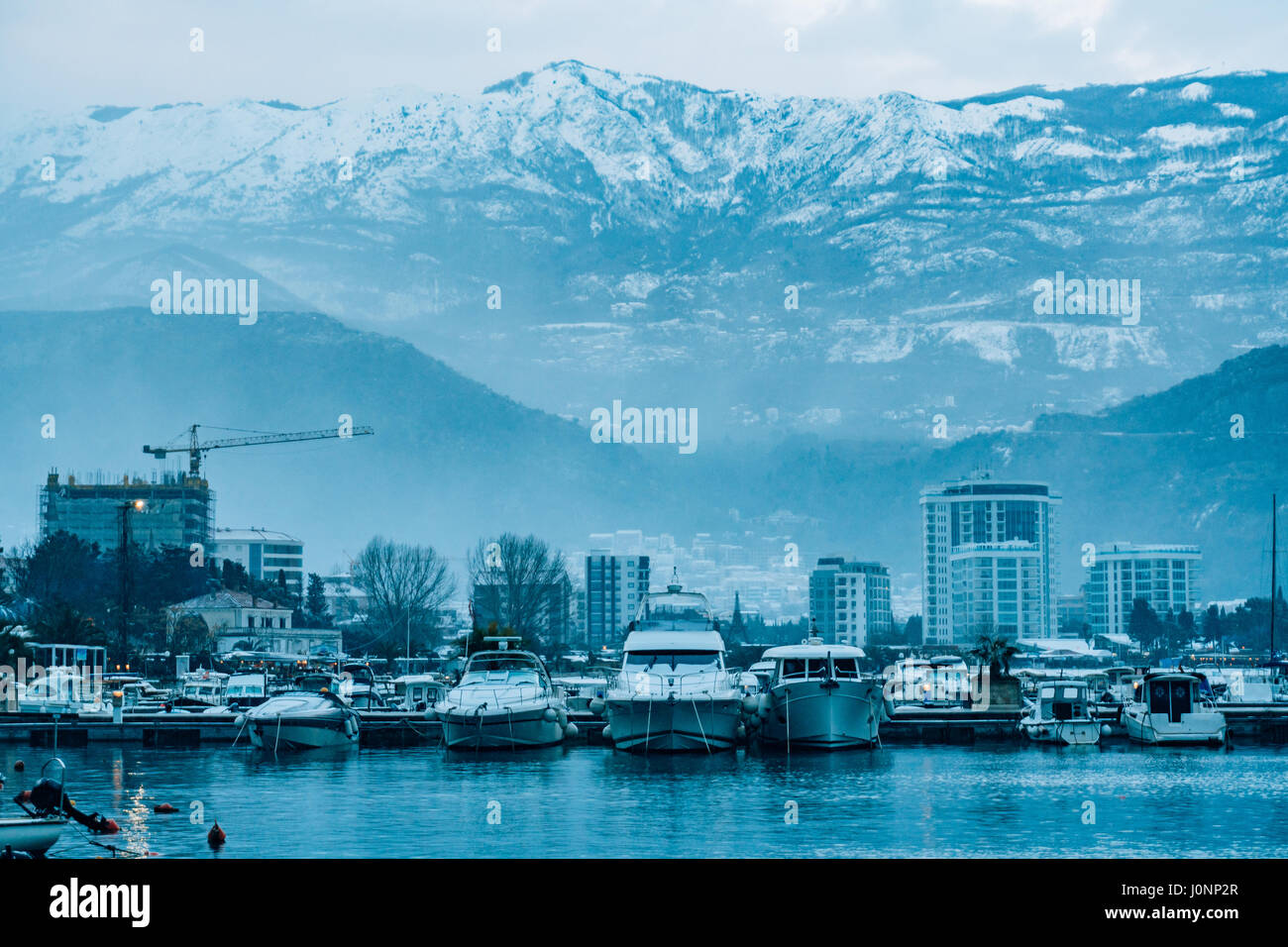 Snow-covered mountains of Budva in Montenegro, Adriatic sea Stock Photo ...