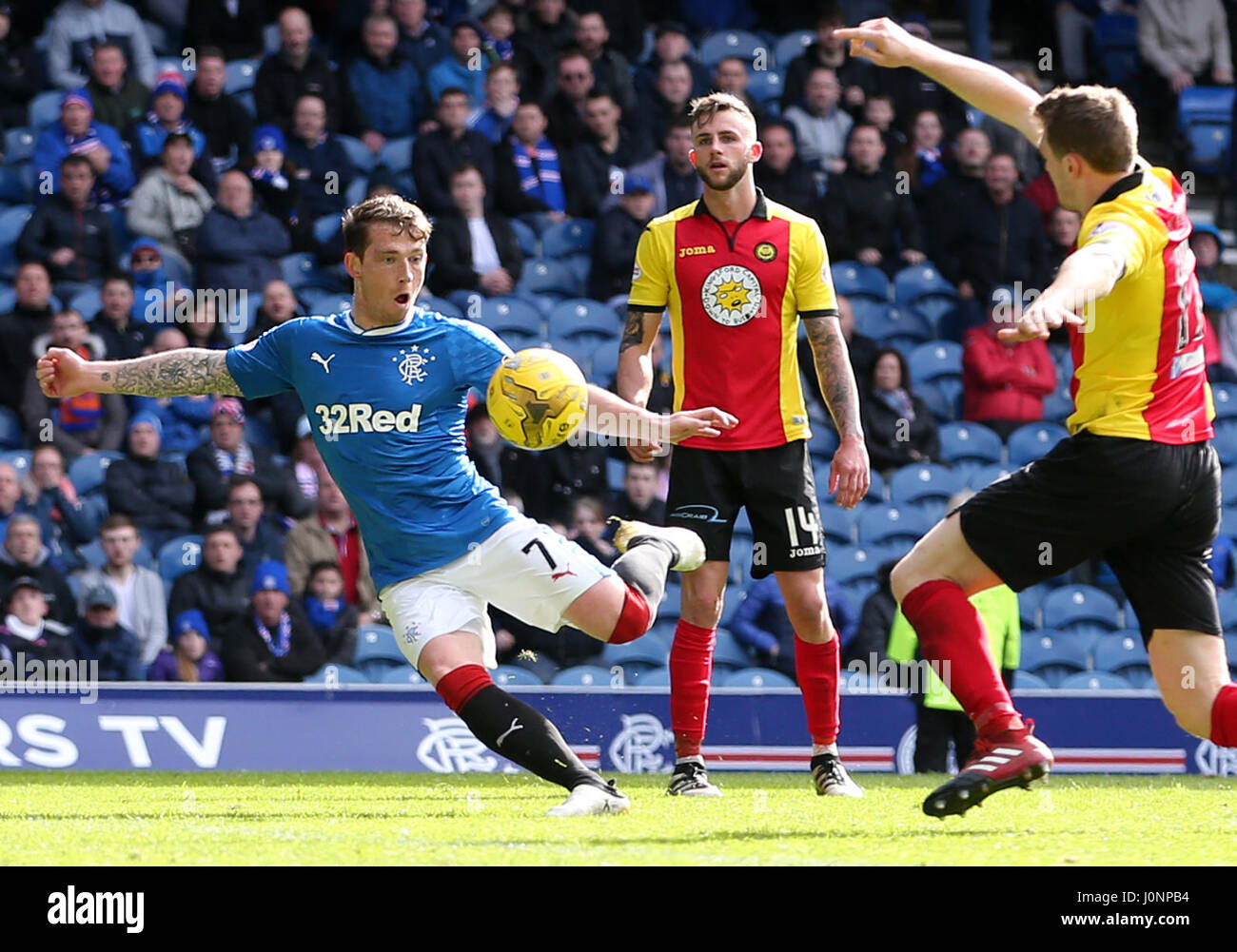 Rangers' Joe Garner takes a shot on goal during the second half of the ...