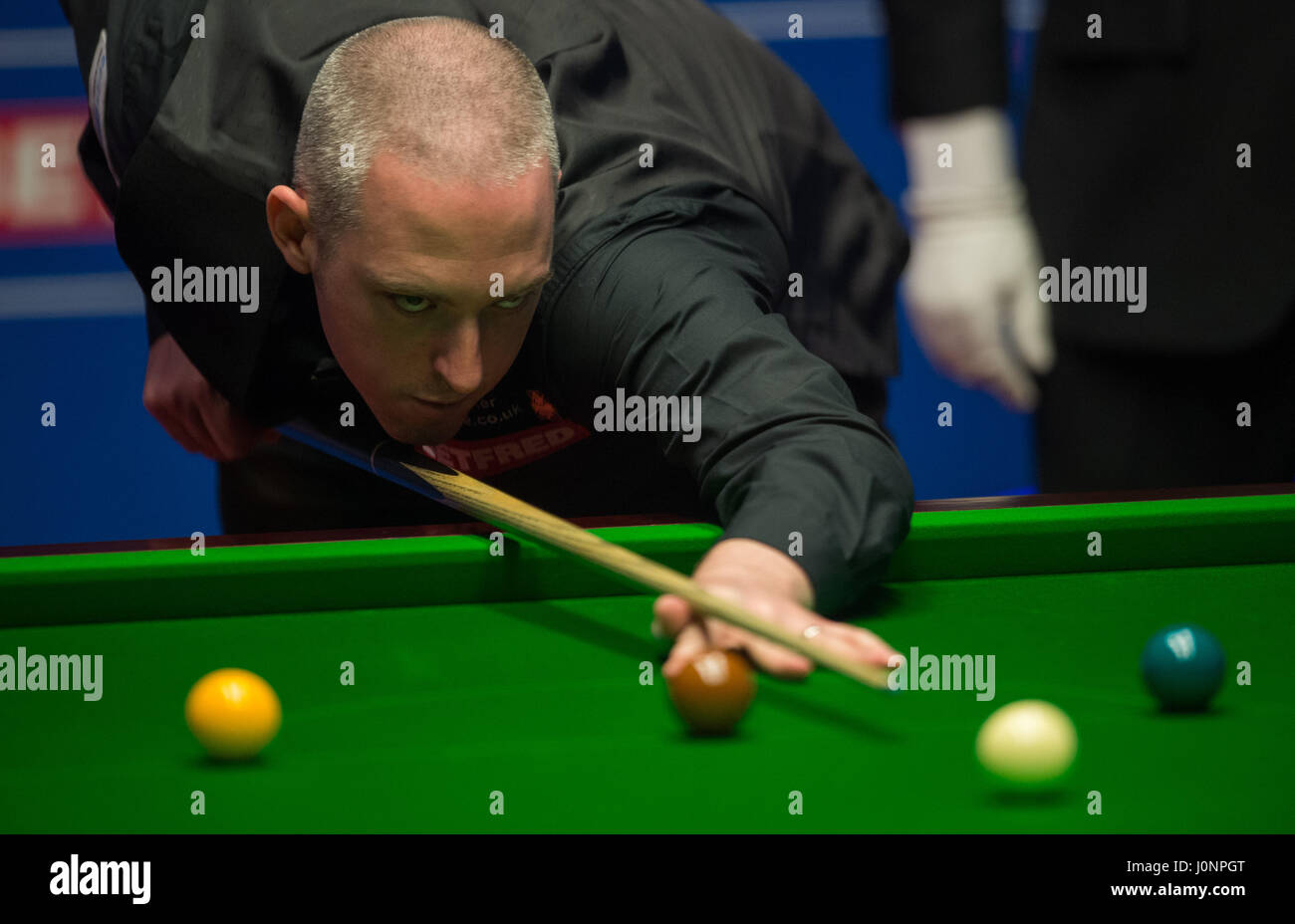 David Grace in action during his match against Kyren Wilson on day one ...