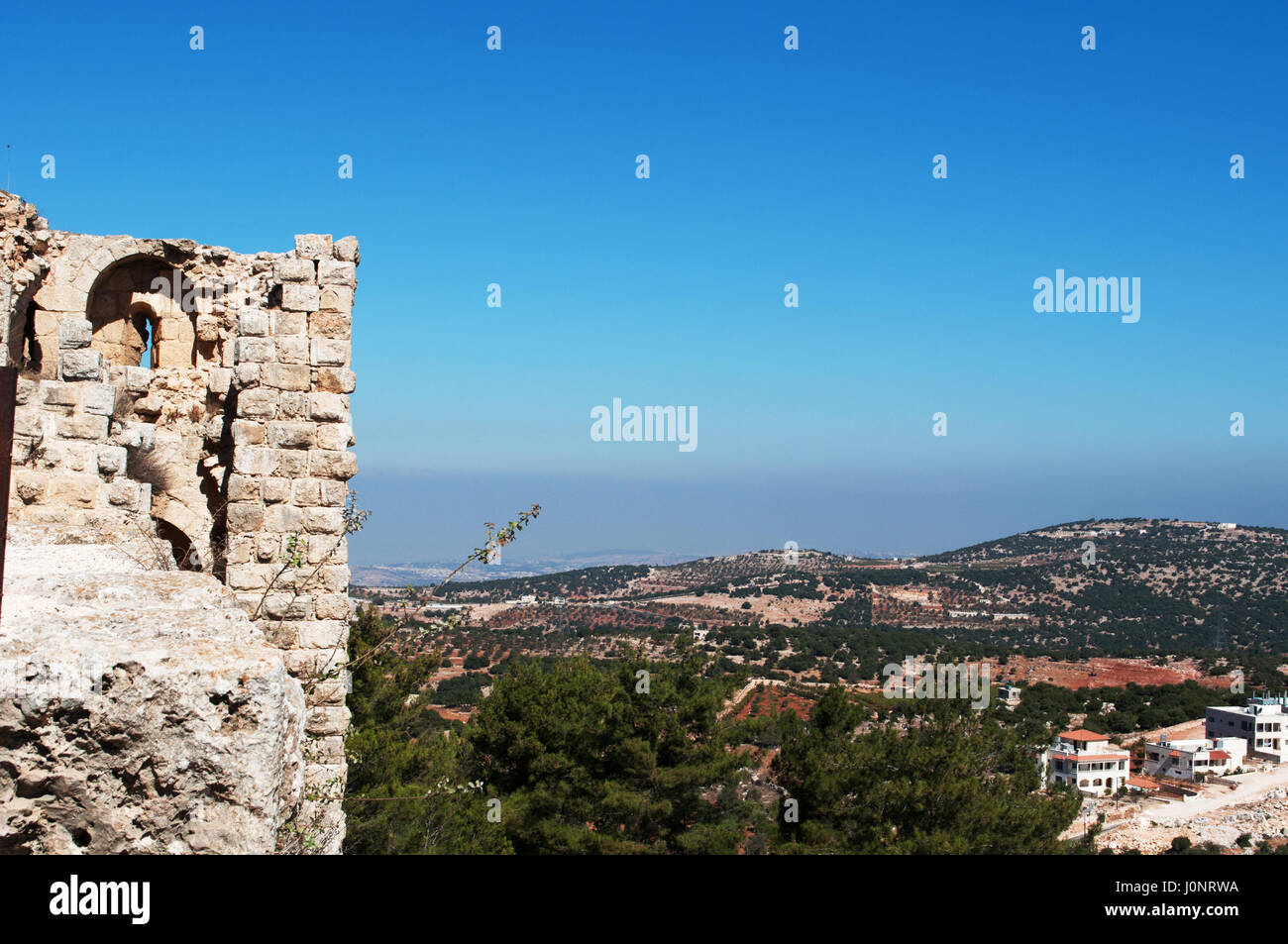 The Jordan Valley seen from the Ajloun Castle, Muslim castle built on a ...