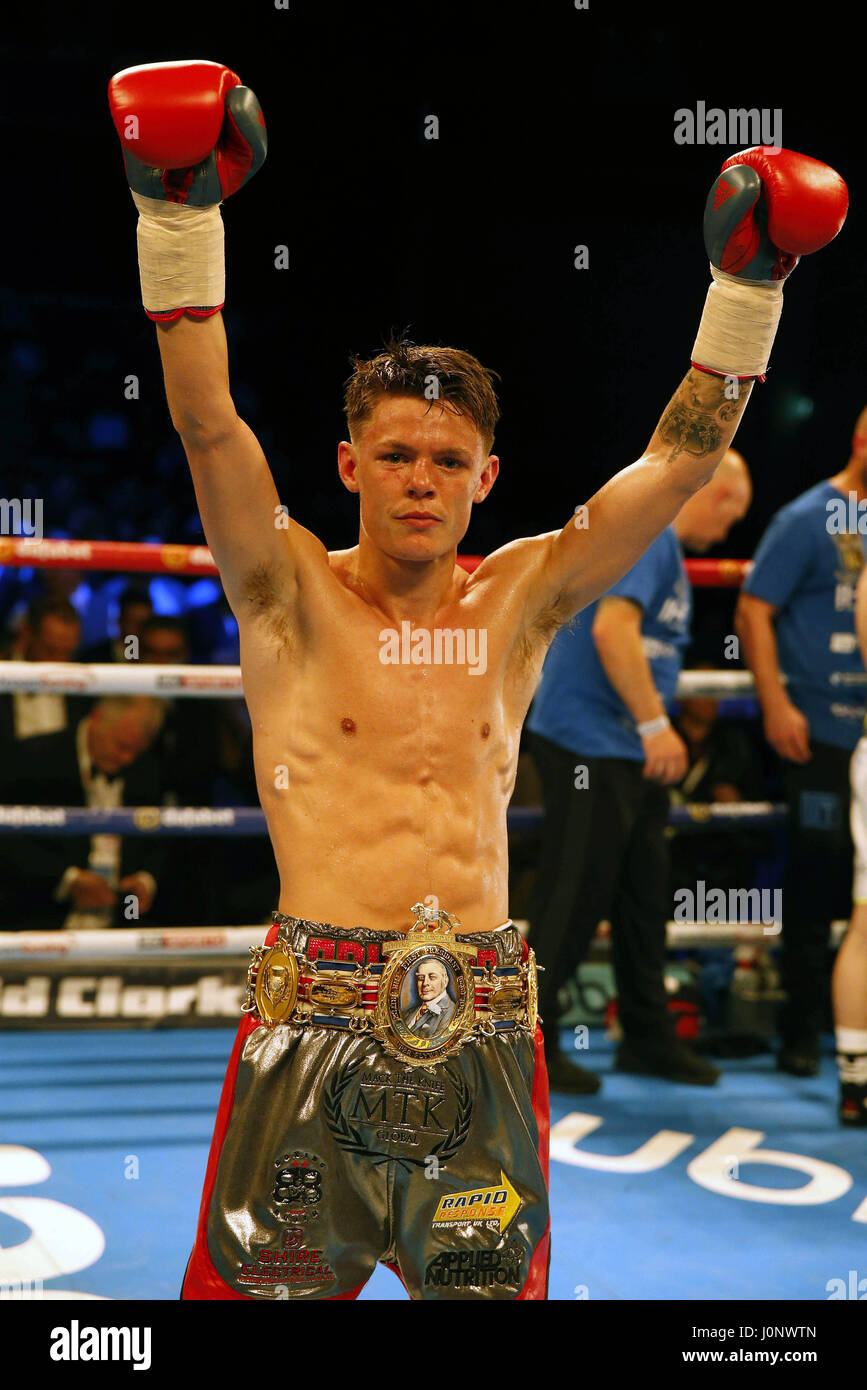 Charlie Edwards celebrates victory over Iain Butcher during the Vacant ...