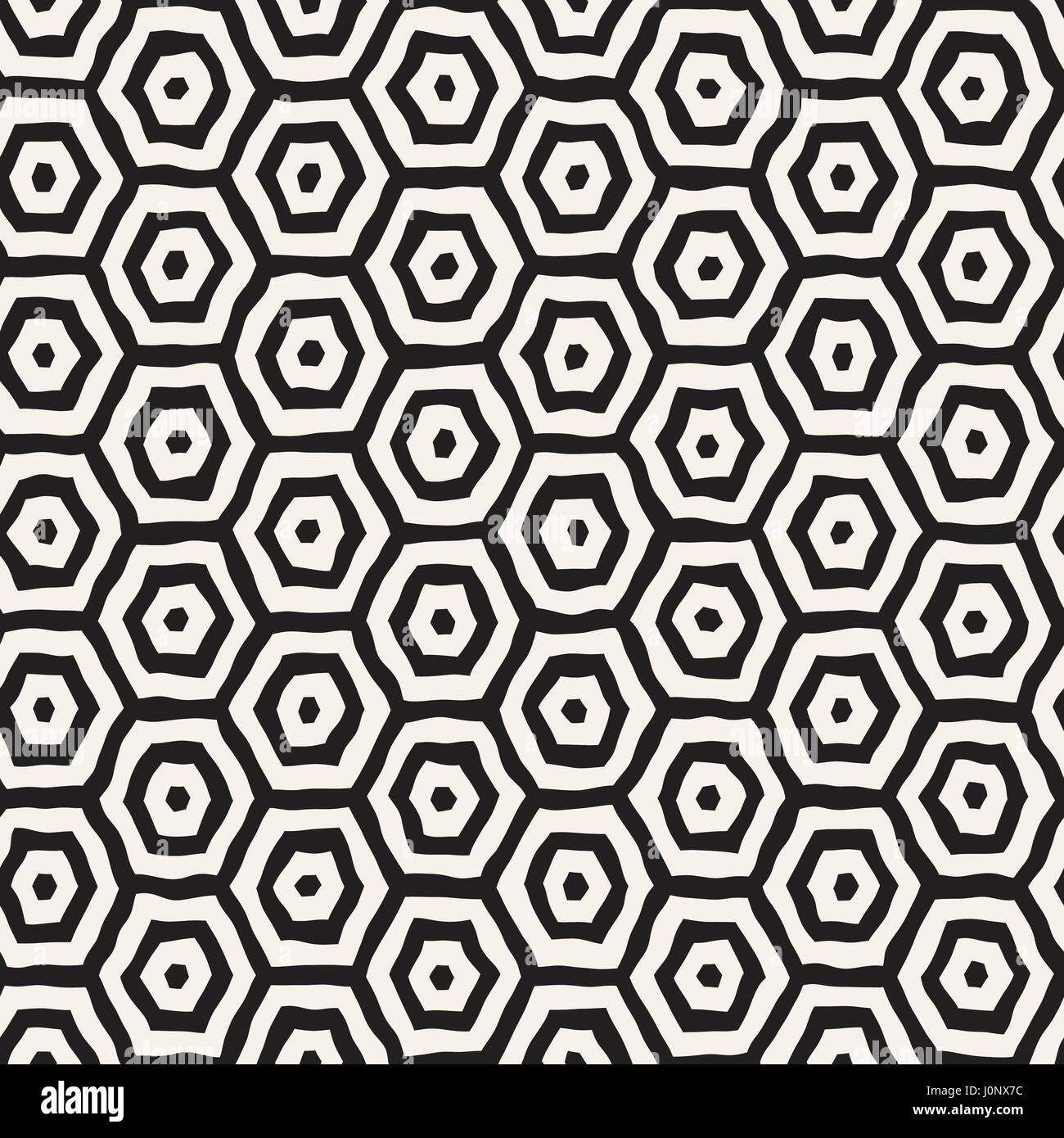 Seamless black and white pattern with hexagon lattice. Creative monochrome hand drawn honeycomb ...