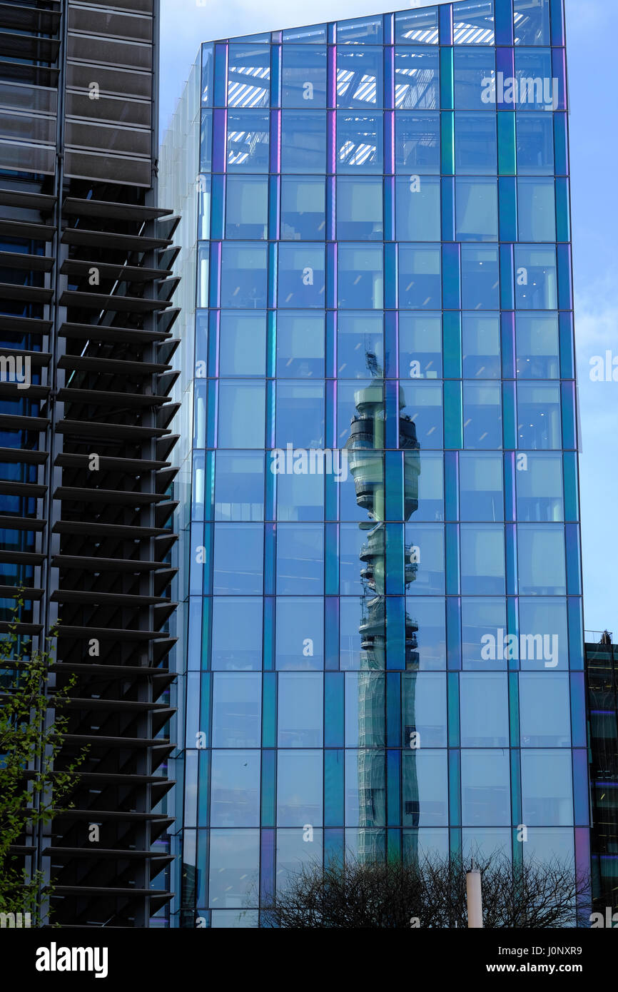 BT tower reflected in modern building, Euston Road, London, United ...