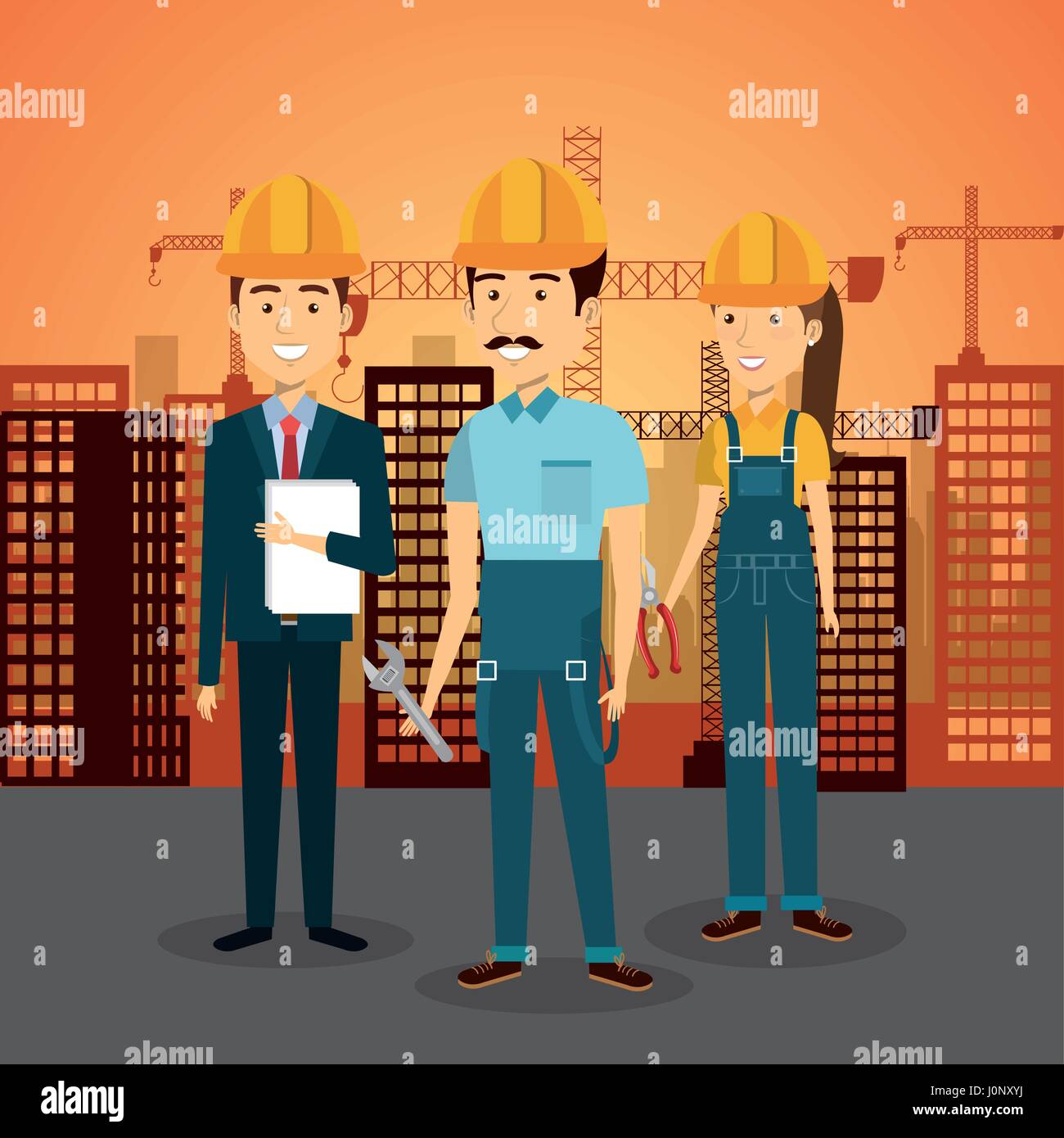 professional construction people characters with cityscape background ...