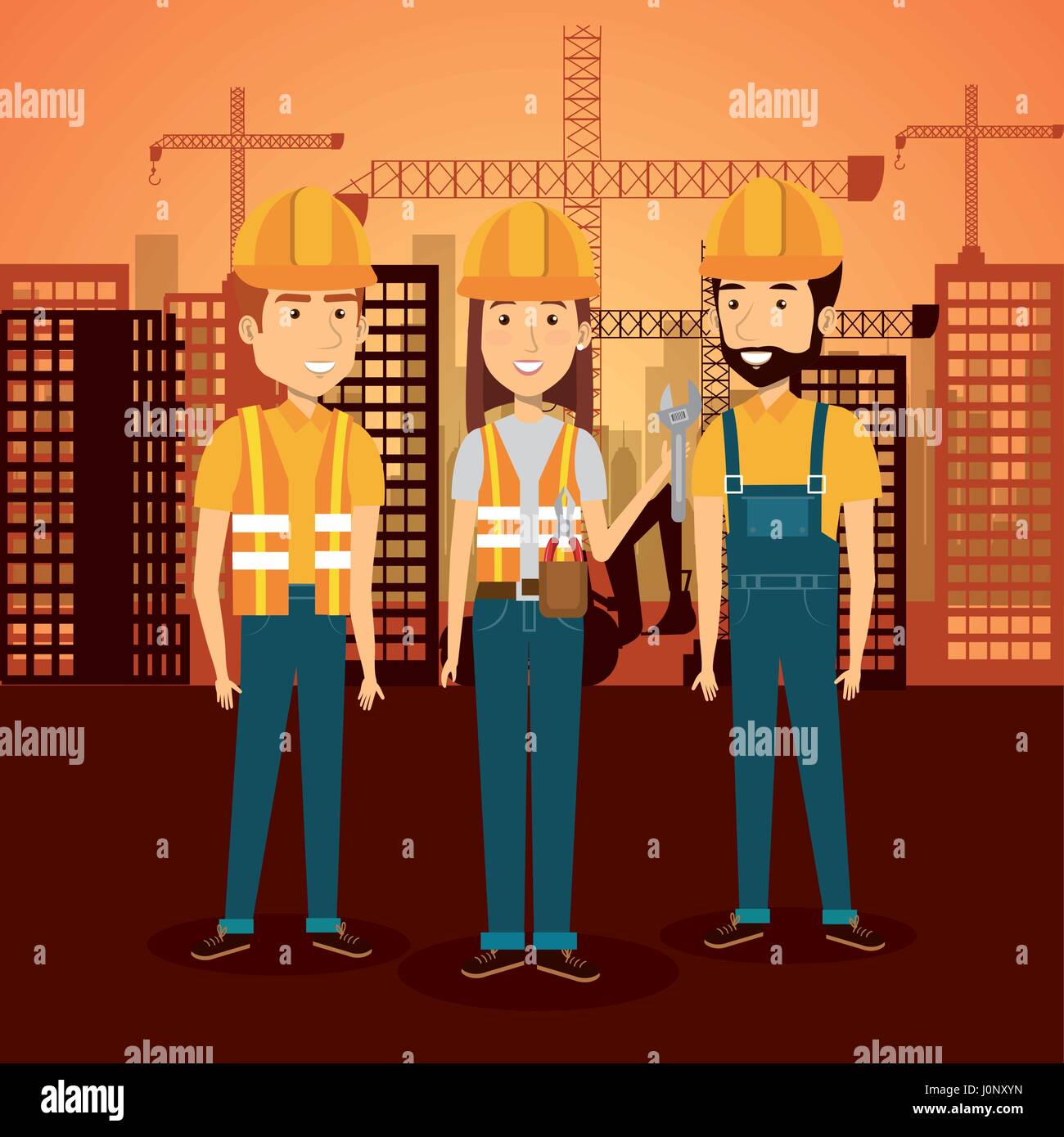 professional construction people characters with cityscape background ...